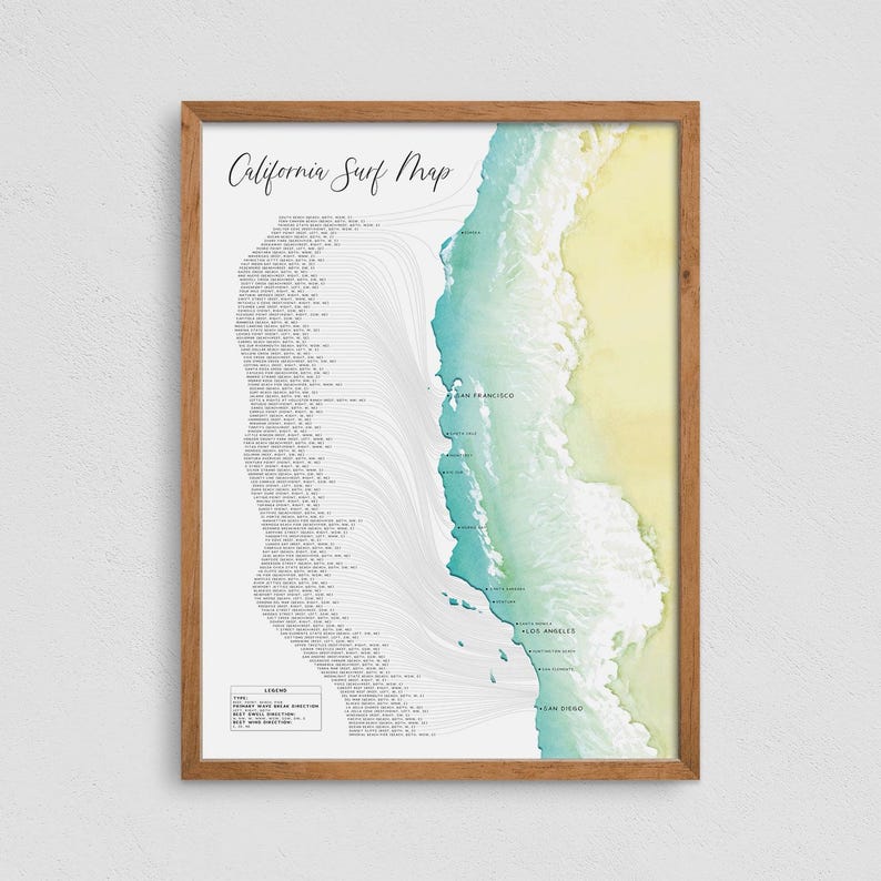 California Surf Map Surfing Spots Wall Art 18x24" Poster Print Surfers ...