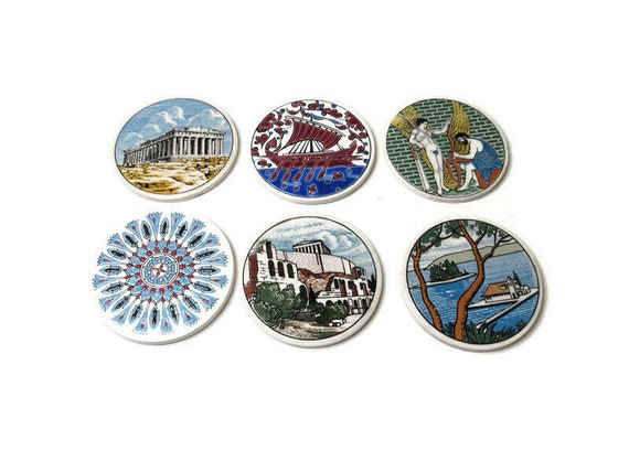 Greek Tile Coasters Souvenir Greece Parthenon Greek Ship Lot | Etsy