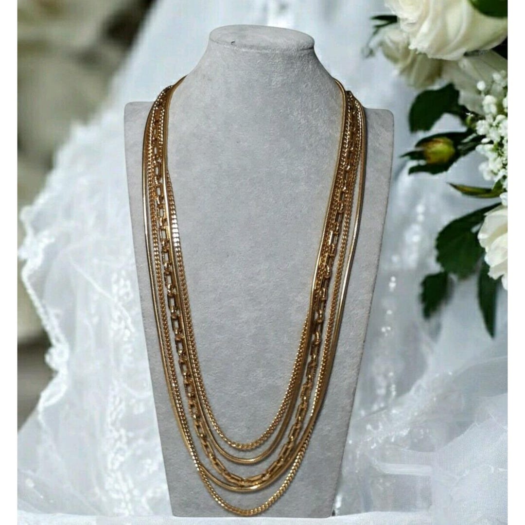 Monet Multi Strand Assorted Chain Necklace Gold Tone 32" Wedding Guest ...