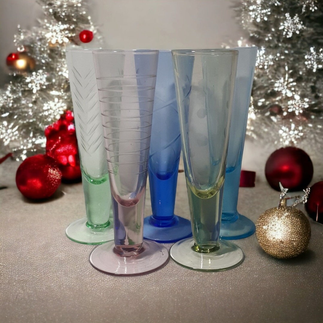 Stemmed Etched Glass Cordial Barware Set 5 Different Colors for Dessert ...