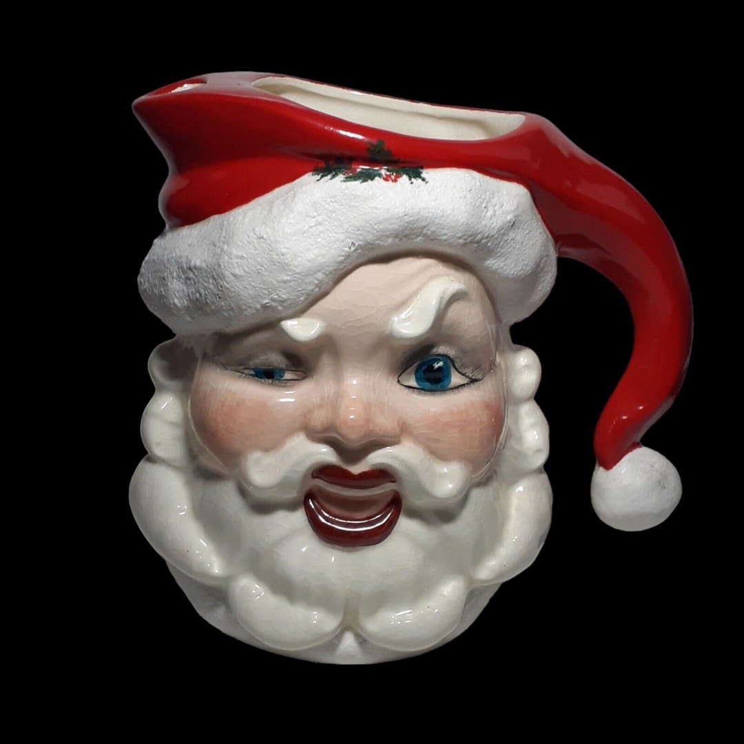 Vintage MCM Christmas Santa Head Pitcher Red Lips 7"x7" Mid Century ...
