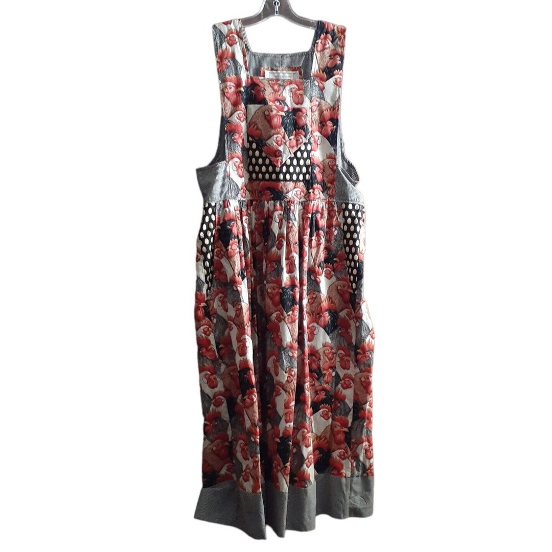 Farmcore Maxi Jumper Dress Chickens Roosters Eggs Tie Back W/ 3 Pockets ...