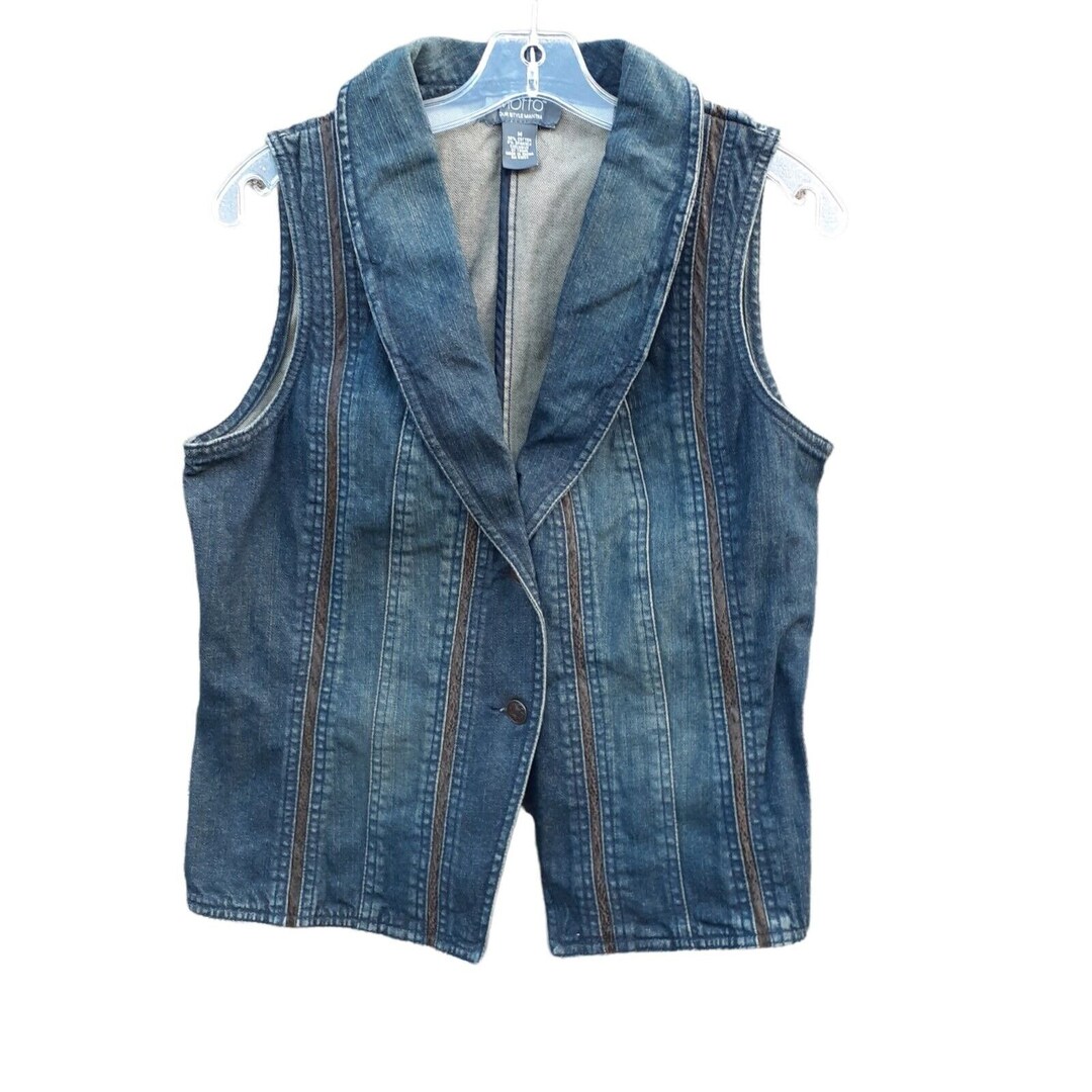 Motto Denim Vest Paneled Animal Print Inset Trim Career Casual Boho ...