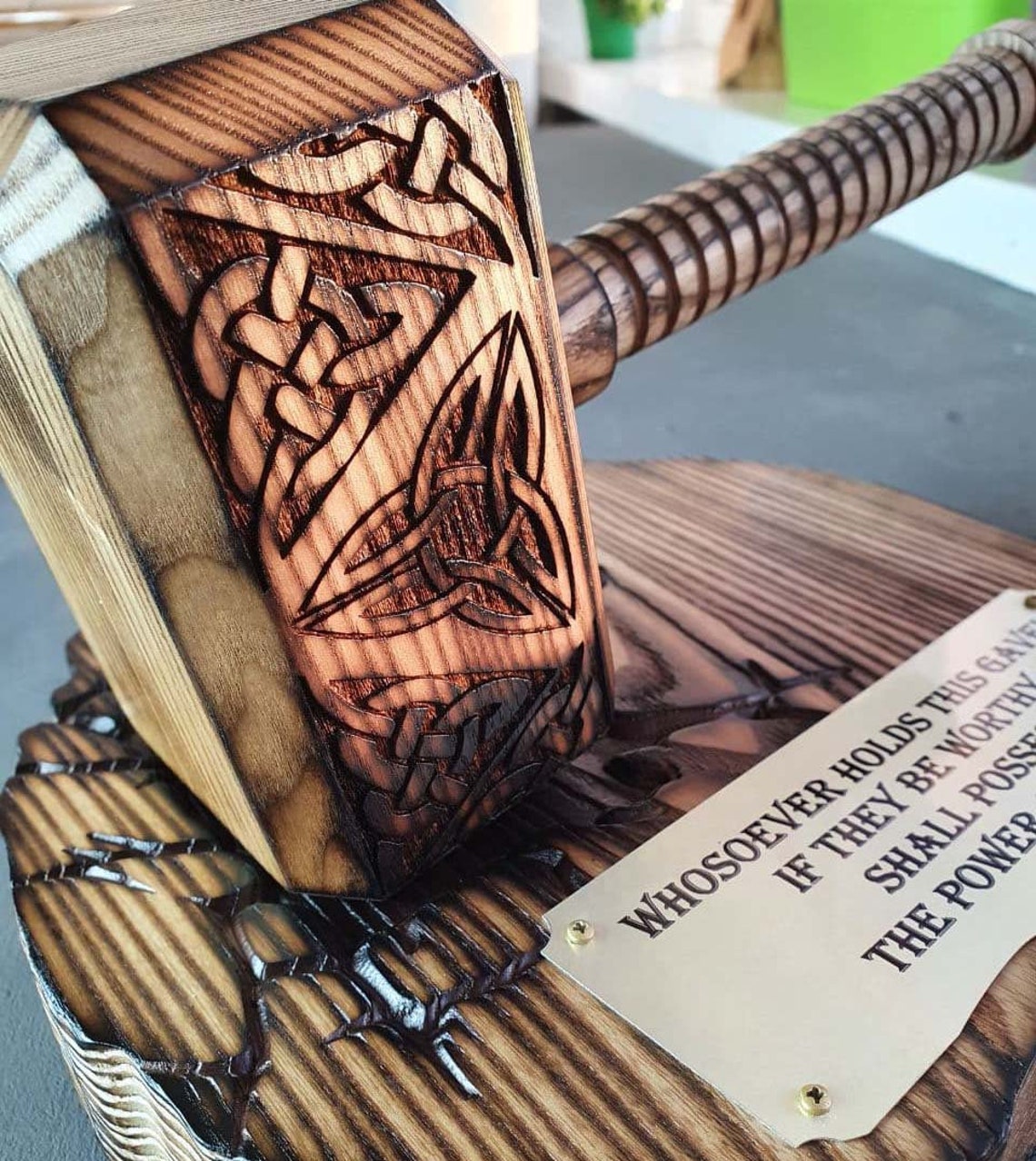 Thor's Hammer from a natural wood with personalization. | Etsy