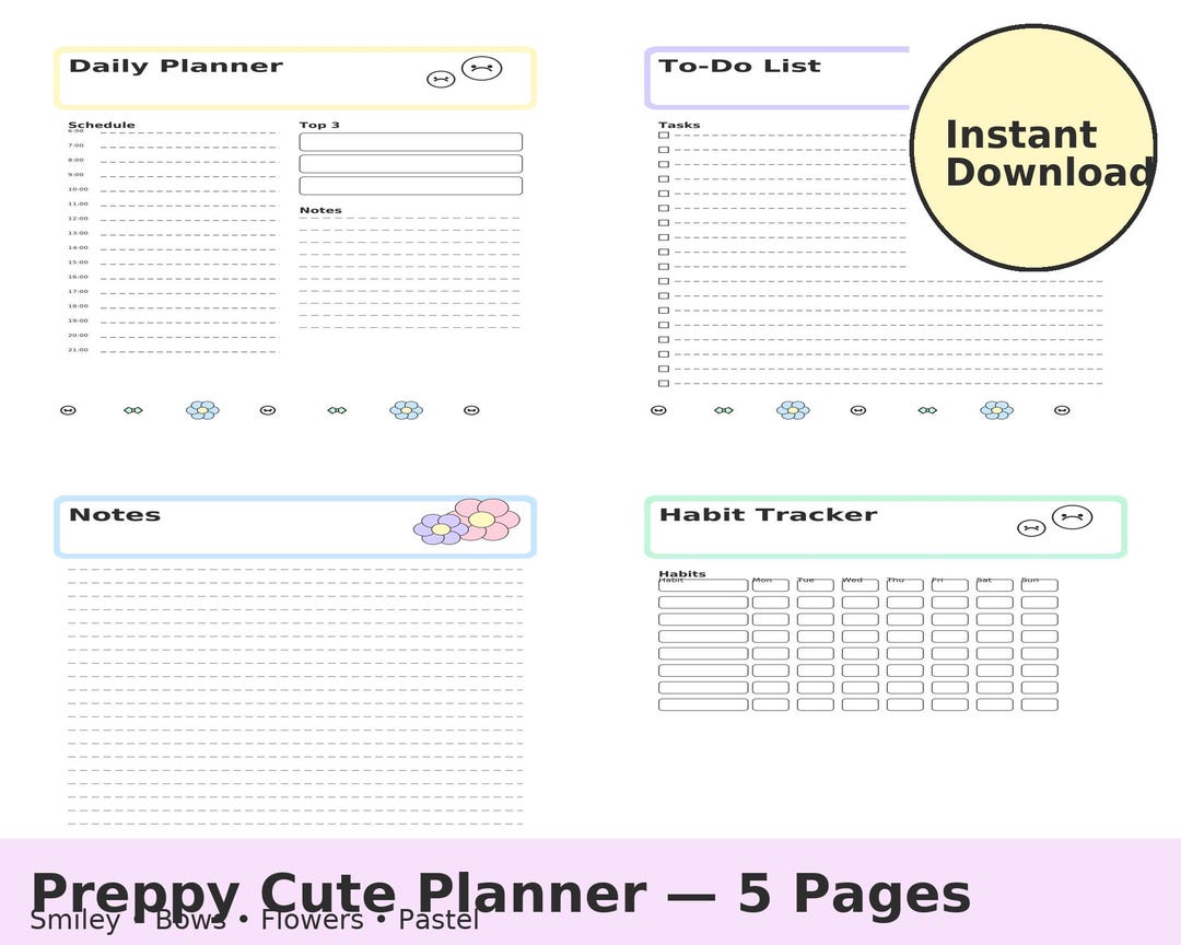 Pastel Daily Planner Printable | Preppy Organizer (PDF & PNG Pages) - Etsy