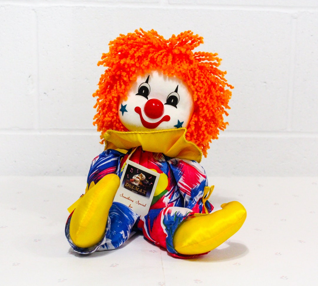 Dolmax Musical Clown Doll – 1980s Hard Body Toy With Orange Yarn Hair ...