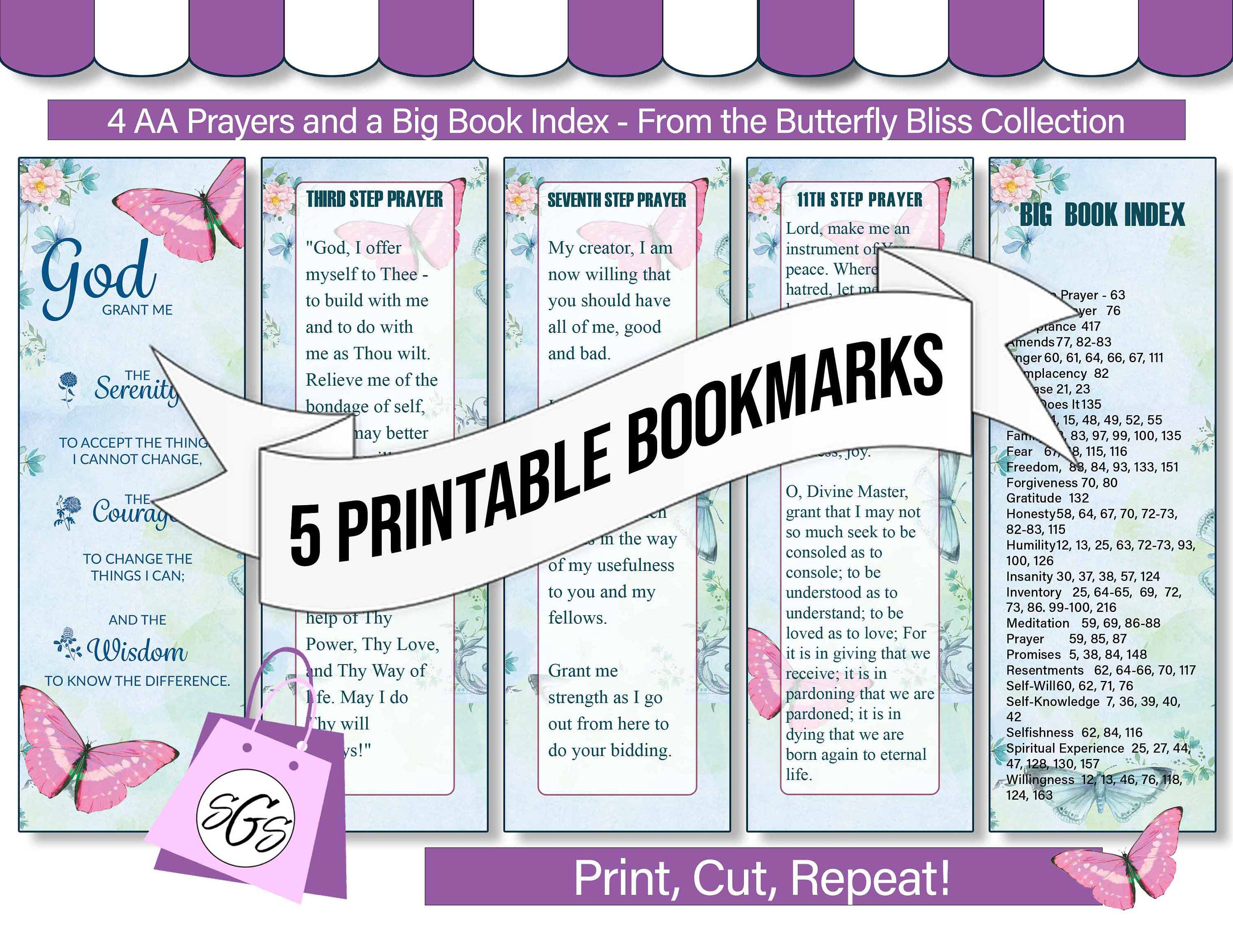 AA Prayers and Big Book Index - 5 Printable Bookmarks - Butterfly Bliss ...