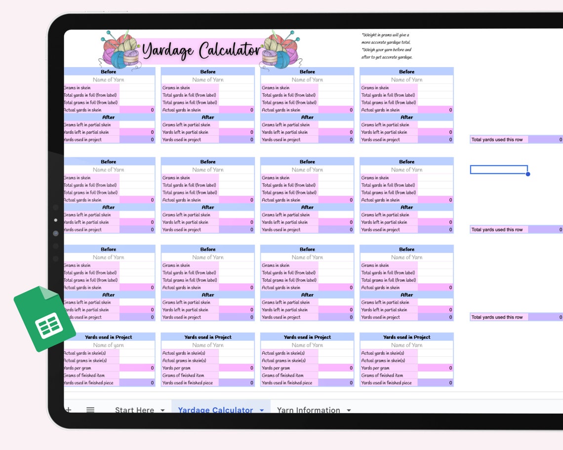 Yardage Calculator Spreadsheet Template Knitting Yards Crochet Tool - Etsy
