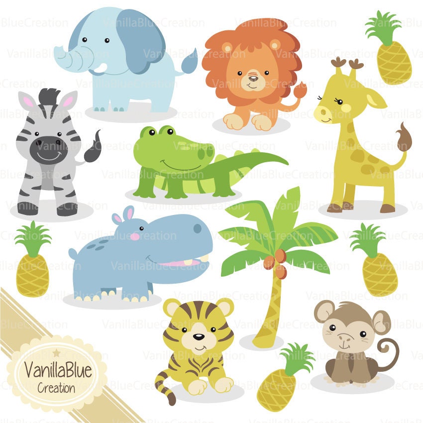 Clipart Jungle Animals, Elephant, Giraffe, Monkey, Crocodile, Zebra ...