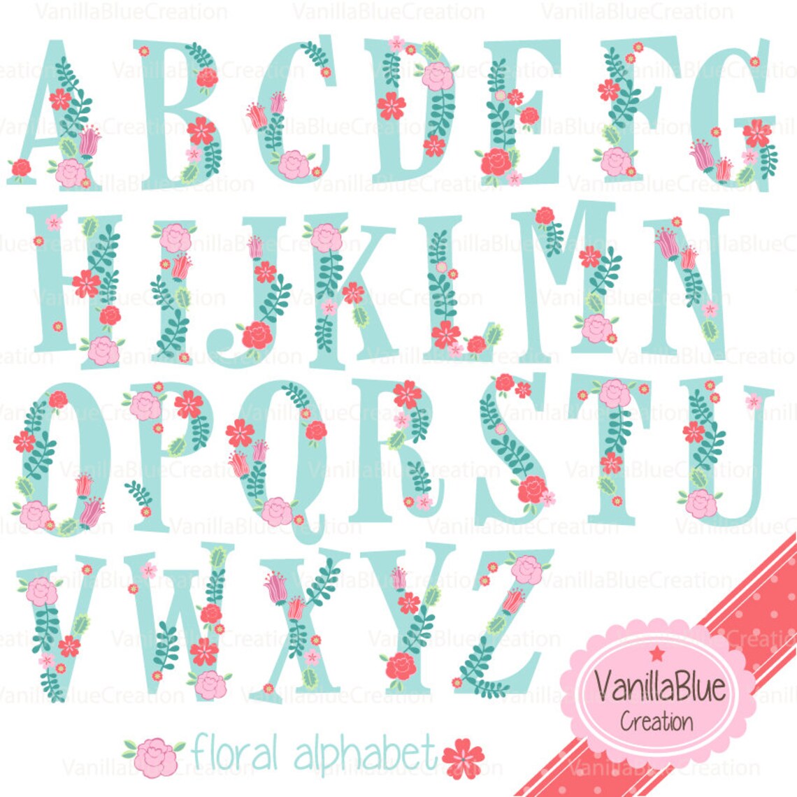 Clipart Kit Alphabet Floral, Clipart Letters, Clipart Floral, Clipart ...