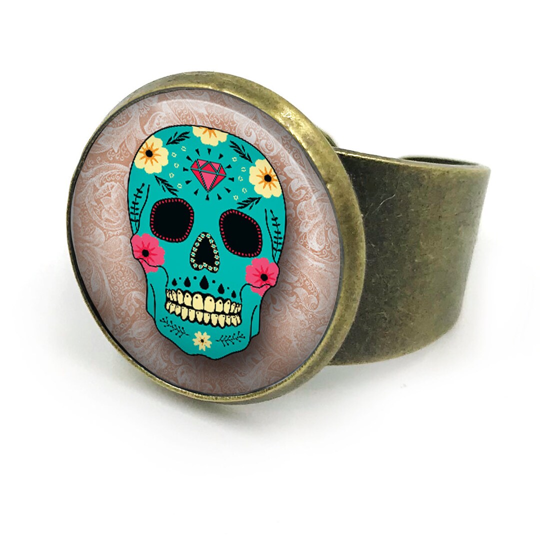 Day of the Dead Sugar Skull Ring, Dia De Los Muertos, Adjustable Ring ...