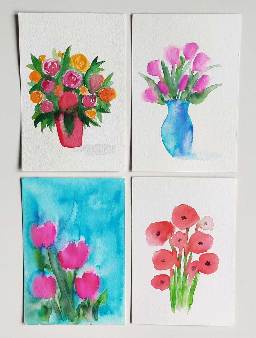 Flowers Art, Watercolor Cards Set, Set of Postcards, Flowers Painting ...
