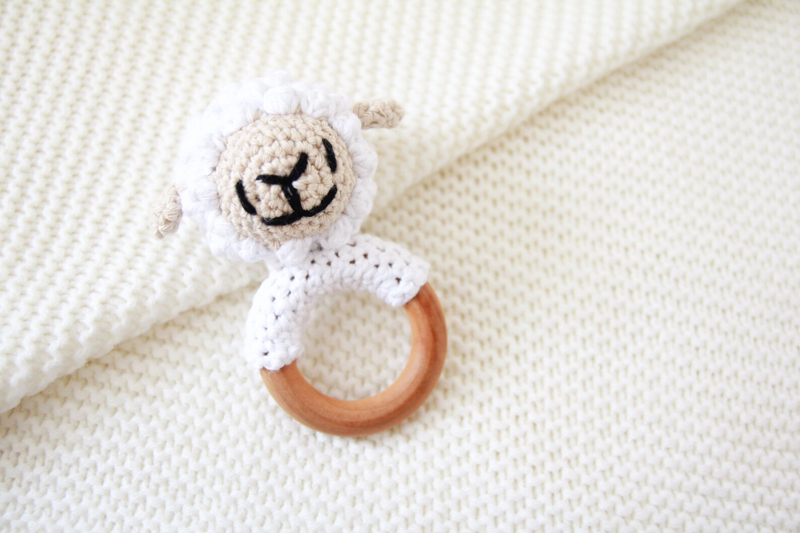 Crochet White Sheep Rattle Wooden Teether Baby Toy Handmade | Etsy