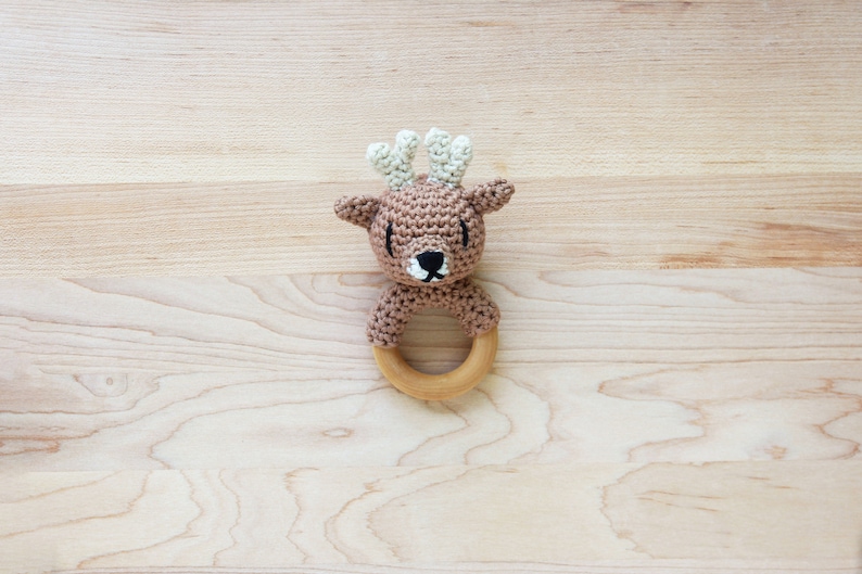 Crochet Deer Buck Rattle Wooden Teether Baby Toy Handmade | Etsy