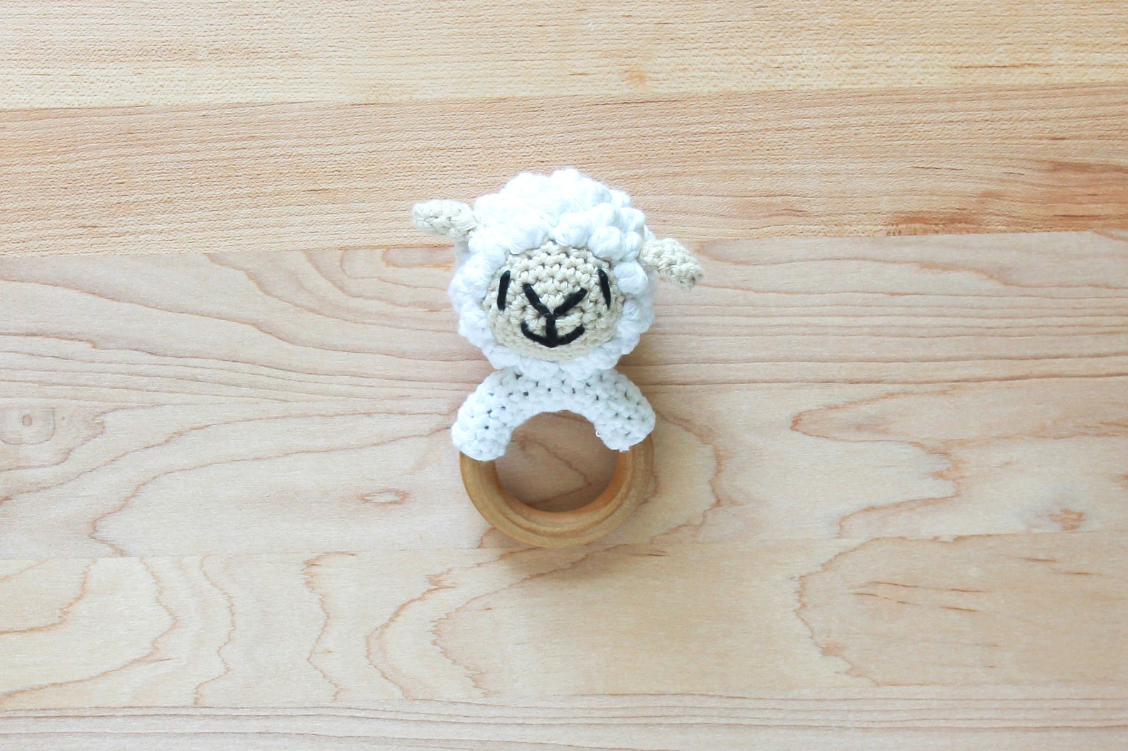 Crochet White Sheep Rattle Wooden Teether – Baby Toy, Handmade to Order ...
