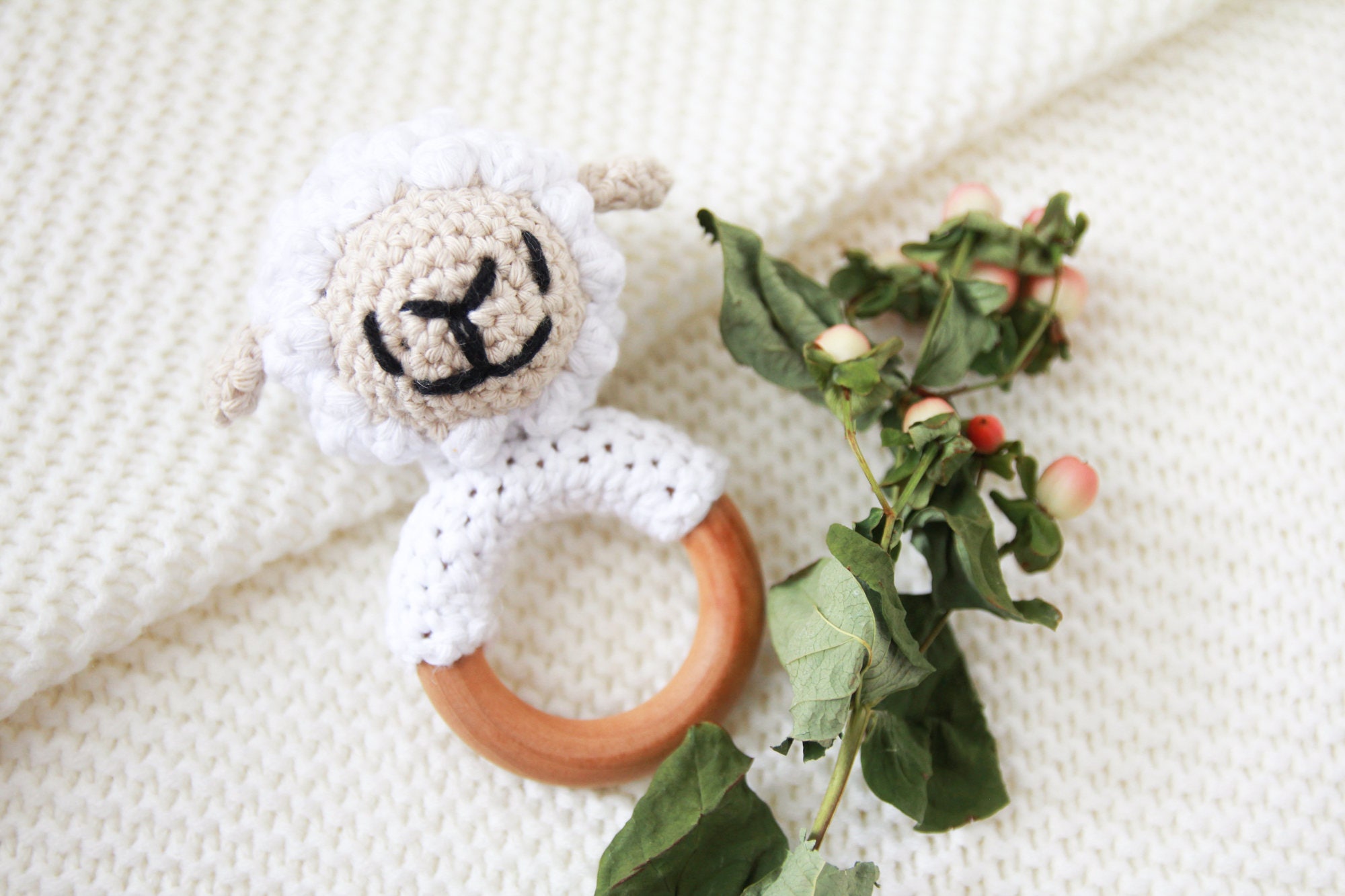 Crochet White Sheep Rattle Wooden Teether baby toy handmade | Etsy