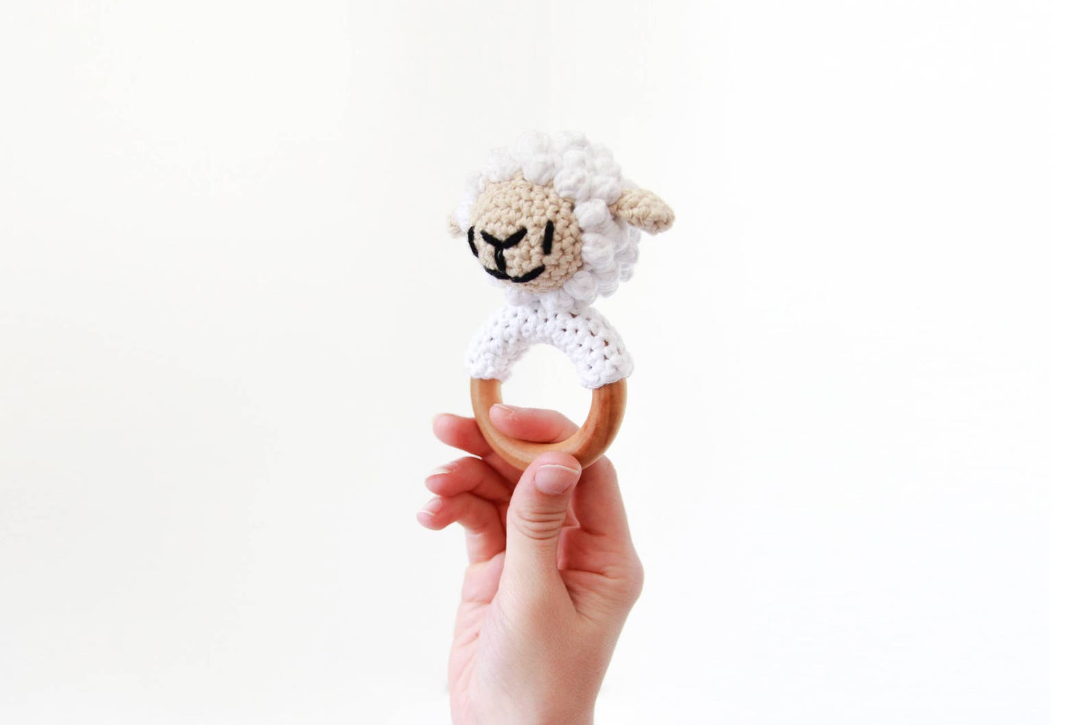 Crochet White Sheep Rattle Wooden Teether Baby Toy Handmade | Etsy