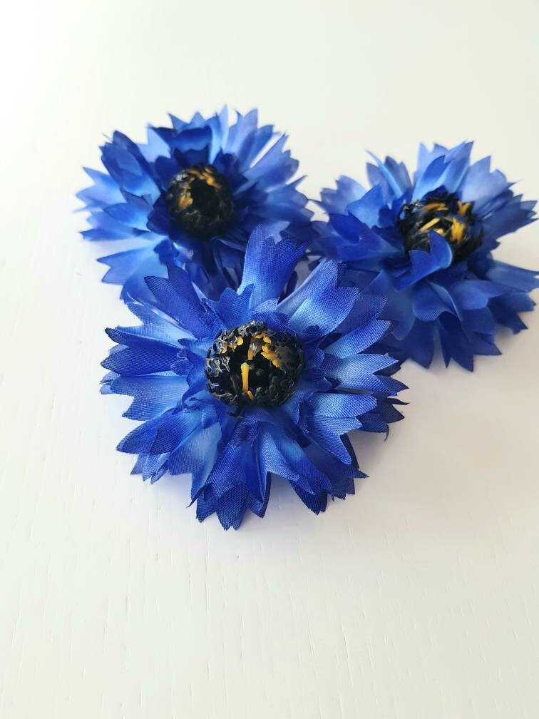 7 Blue Cornflower Blossoms - Bluebottle Silk Anemone Heads, Artificial ...
