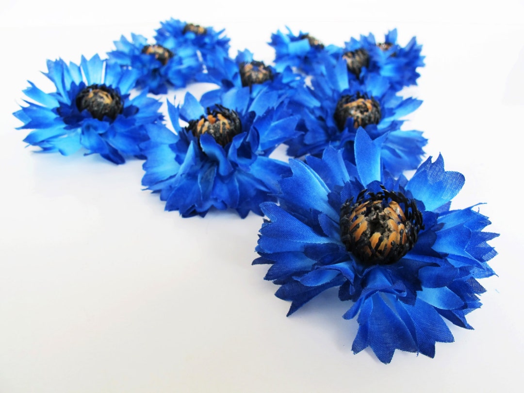 7 Blue Cornflower Blossoms - Bluebottle Silk Anemone Heads, Artificial ...