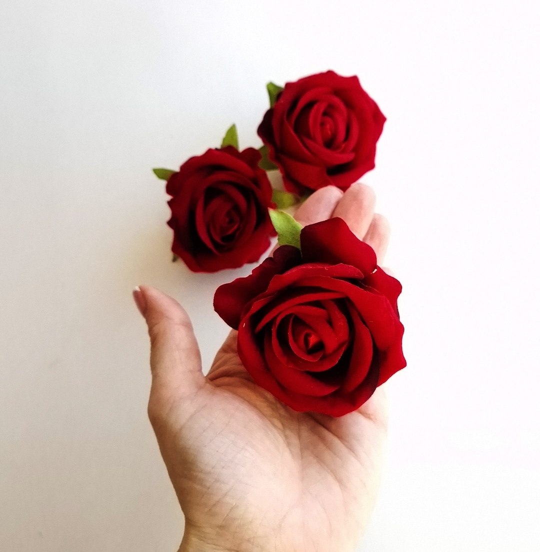 4 Dark Red Velvet Rose, Velour Artificial Roses, Silk Flowers, Silk ...