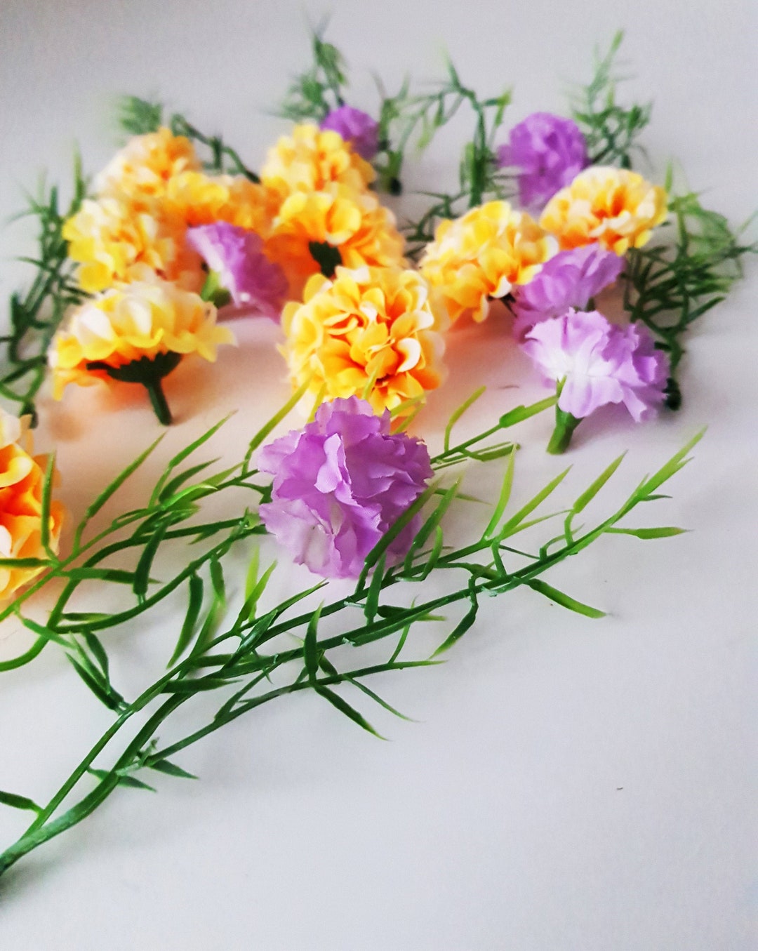 Set of 18 Mini Carnations and Greenery, Purple Carnation Heads, Yellow ...
