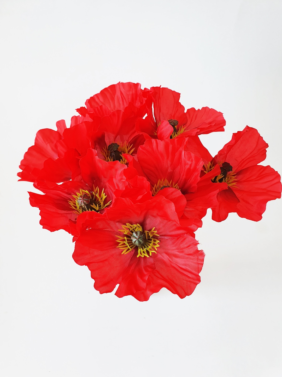 5 Red Poppies Artificial Flowers, Silk Dark Red Poppy Flower Floral ...