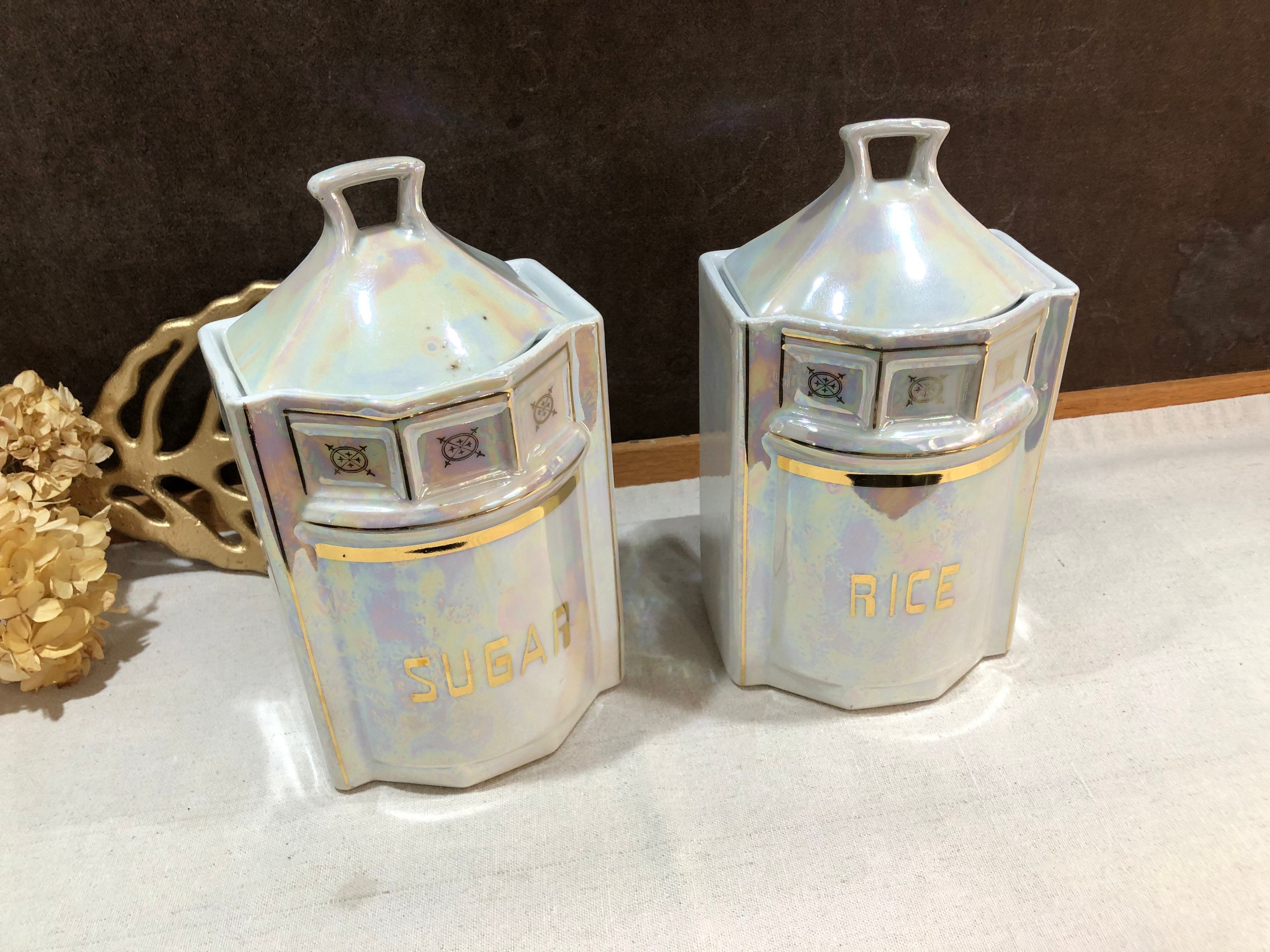 Lusterware Canisters Sugar or Rice White Gold | Etsy