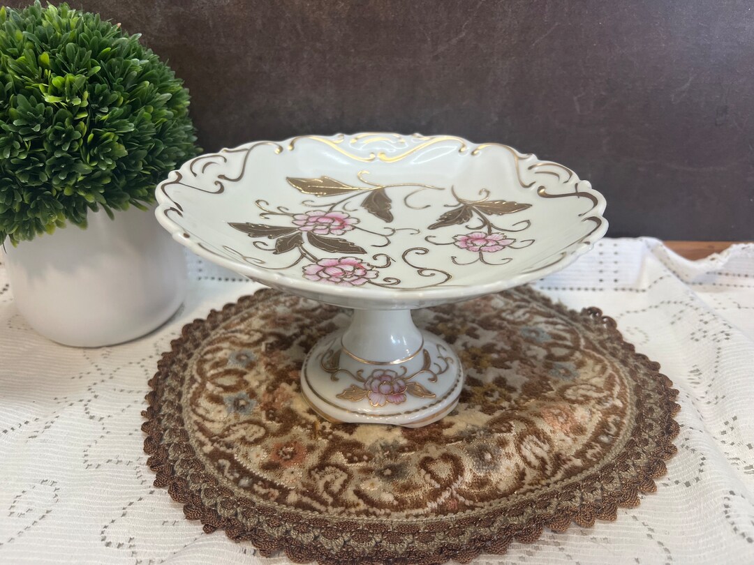 Pink Floral Pedestal Dish Gold Trimmed - Etsy