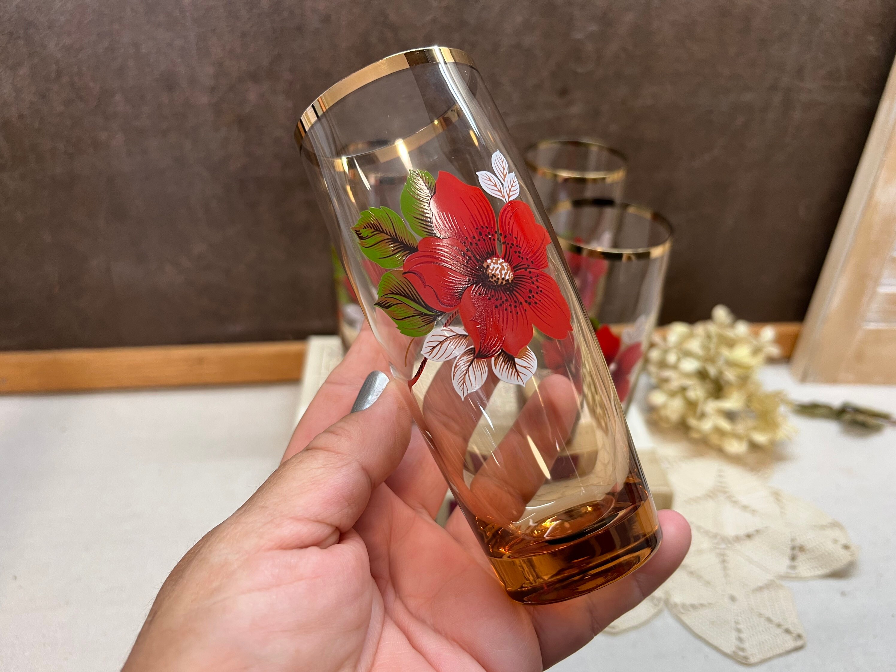 Rare Tropical Floral Tom Collins Glasses Barware Mid Century - Etsy