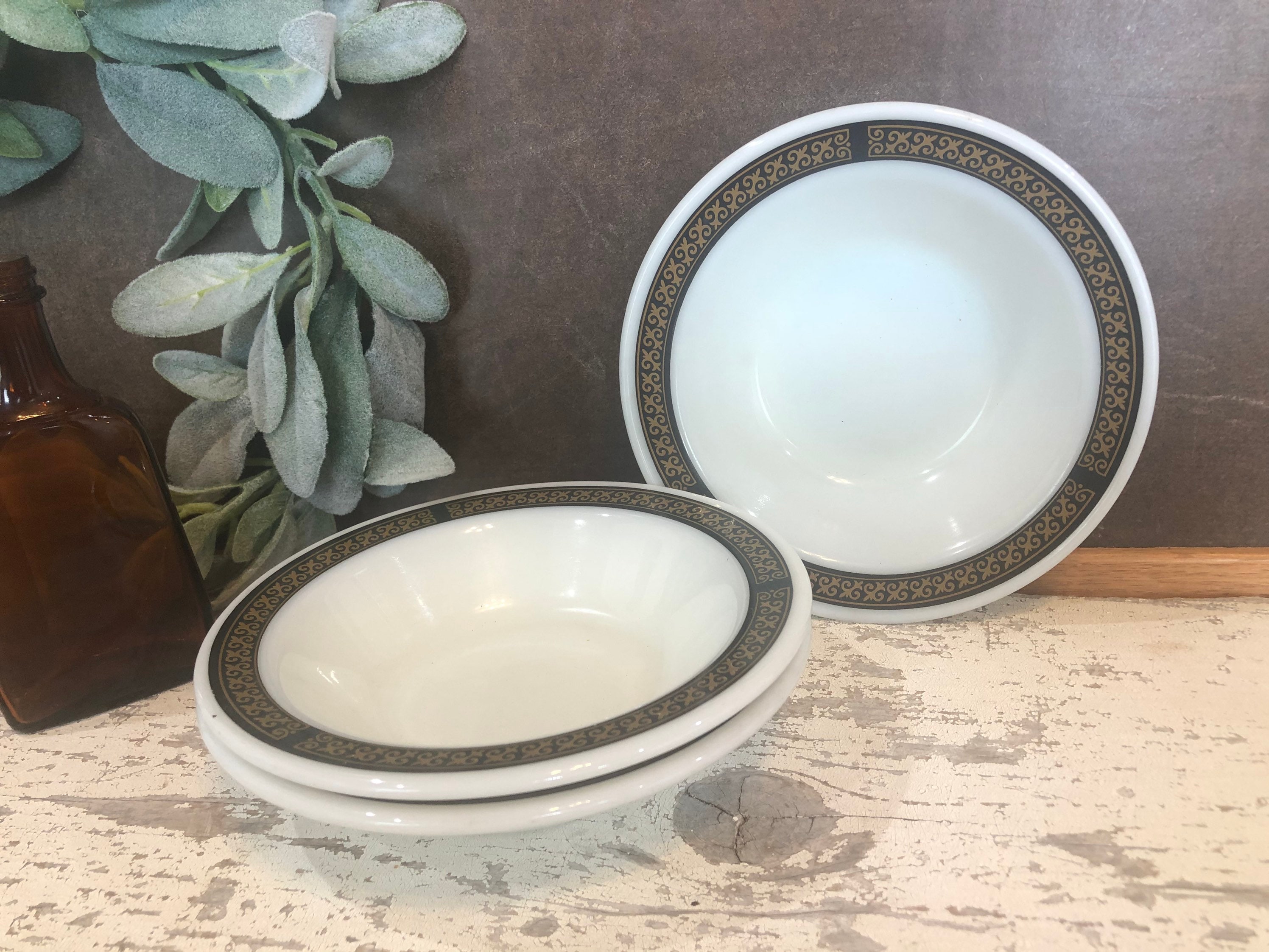Pyrex Tableware Corning Milk Glass Bowls Black Fleur De Lis Set of ...