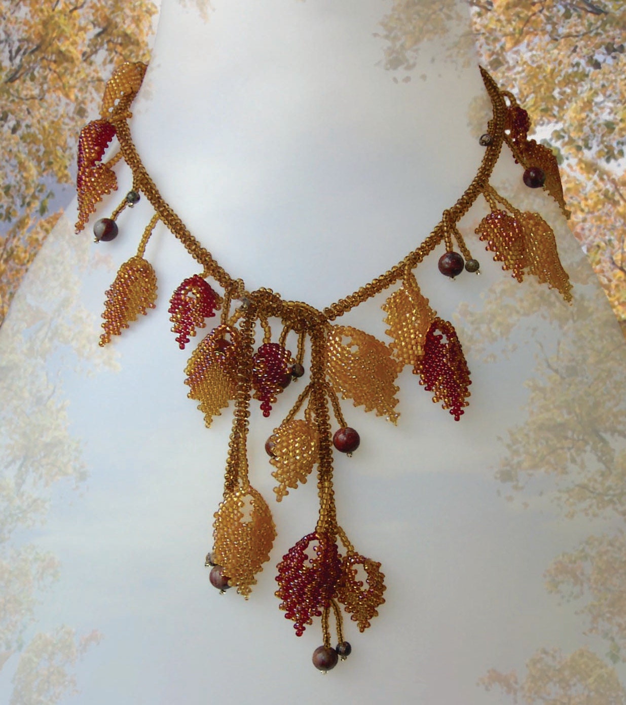 Beading Pattern Seed Beaded Golden Leaves Necklace Instructions Beading ...