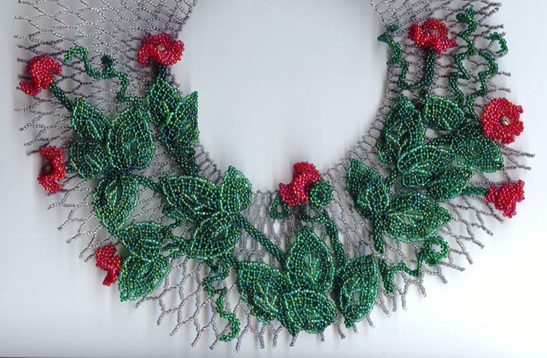 Beading Pattern Seed Beaded Blue Flower Necklace Netted Flowers ...