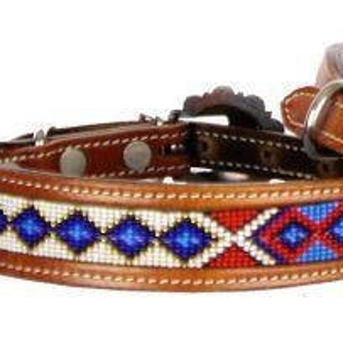 Leather Dog Collar With Red Yellow and Blue Beaded Design - Etsy