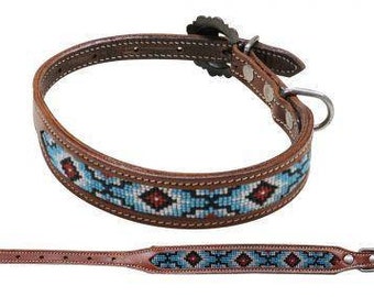 Blue and Red Beaded Inlay Leather Dog Collar With Copper | Etsy