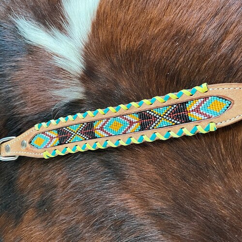 Blue and Red Beaded Inlay Leather Dog Collar With Copper - Etsy