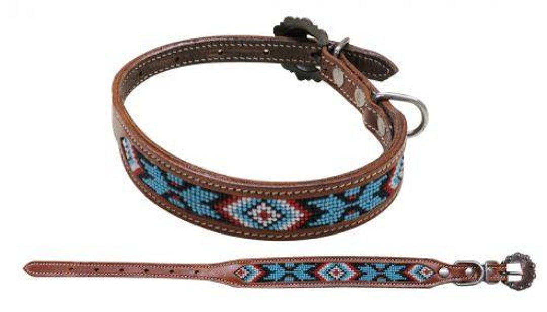Blue and Red Beaded Inlay Leather Dog Collar With Copper Buckle. - Etsy