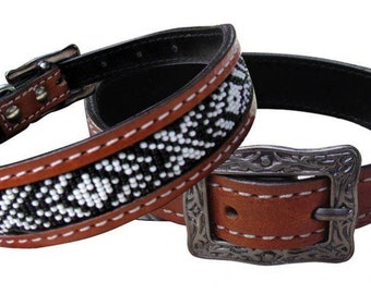 Blue and Red Beaded Inlay Leather Dog Collar With Copper | Etsy