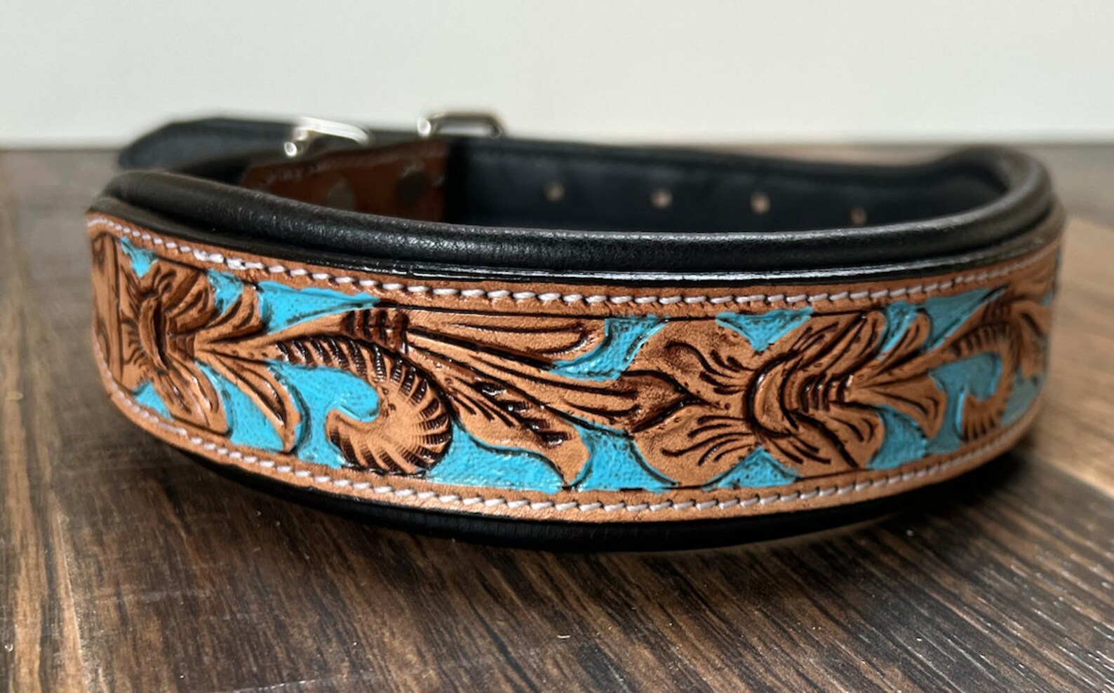 Handcrafted Padded Leather Tooled Dog Collar With Blue Accents - Etsy