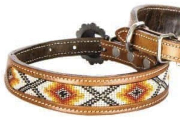 Leather Dog Collar With Red, Orange, Yellow Beaded Inlay Design and ...
