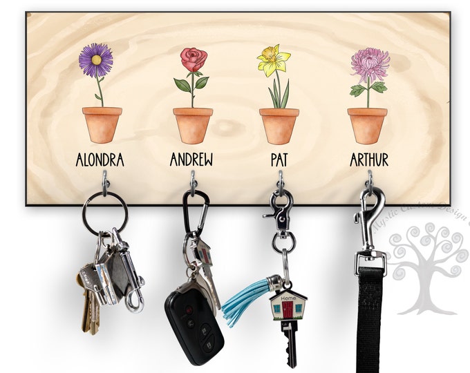 Personalized Birth Flower Key Holder, Birth Flowers Key Hanger, Custom ...