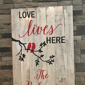 Love Lives Here Sign, Love Quote Sign, Personalized Family Sign, Family ...