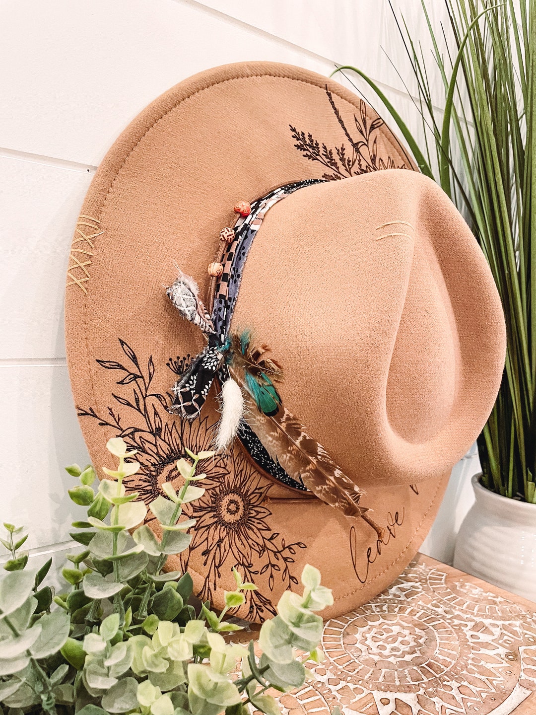 Leave Her Wild Floral Burned Hat, Floral Engraved Cowboy Hat, Sunflower ...