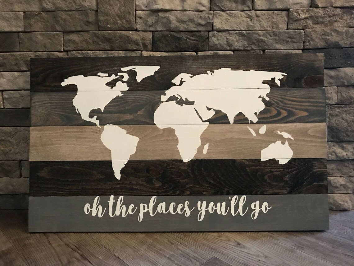 Multi Stain Rustic World Map Wooden Sign, Globe Sign, World Sign ...