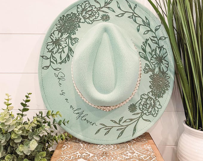 Beautiful Original Floral Freehand Custom Felt Burned Wide Rim Fedora ...