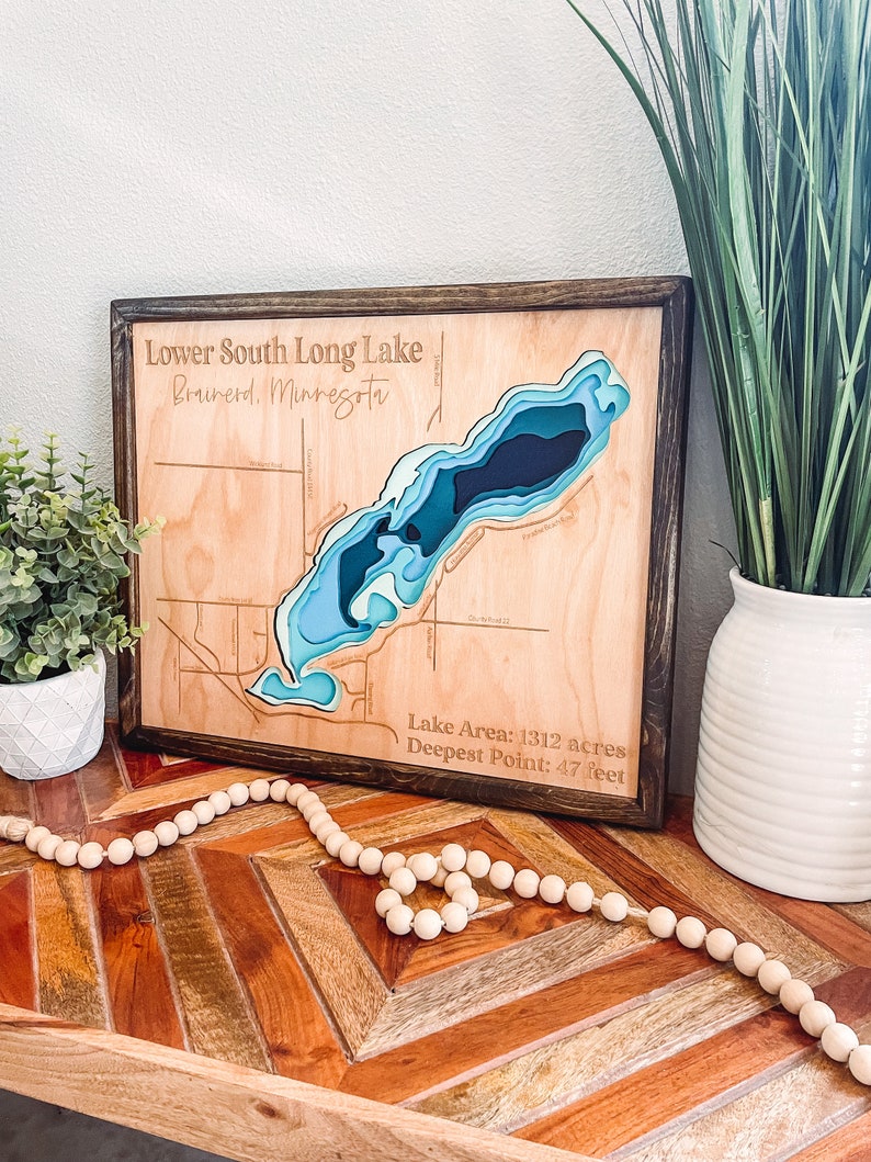 Lower South Long Lake 6 Layer Map, Customized Lake Sign, Cabin Decor ...