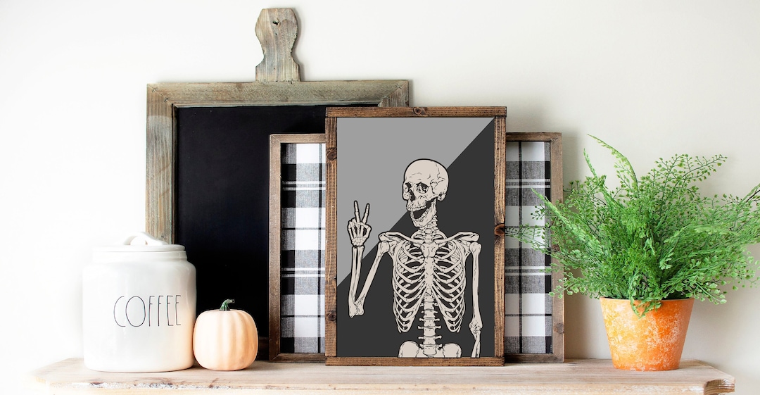 Peace Sign Skeleton Wood Framed Sign, Halloween Decor, Halloween Sign ...