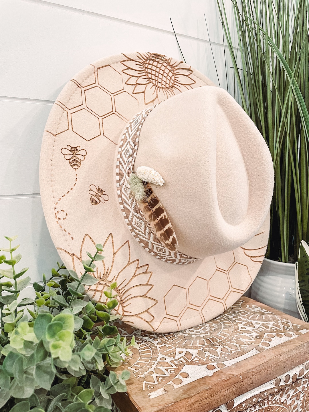 Sunflower Bee Burned Hat, Floral Engraved Cowboy Hat, Sunflower Hat ...