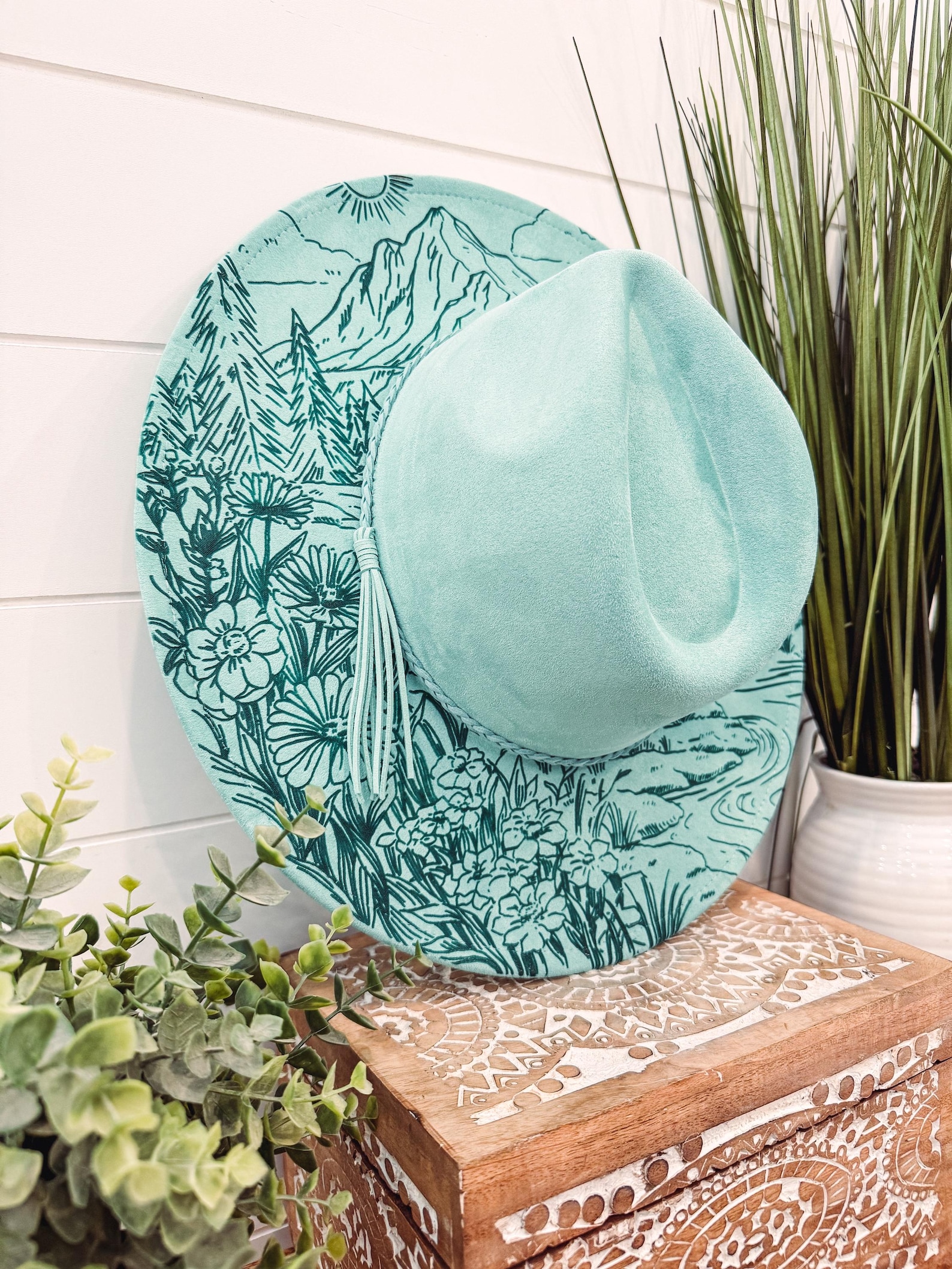 Mountain Floral Burned Hat, Mountain Engraved Cowboy Hat, Sunflower Hat ...