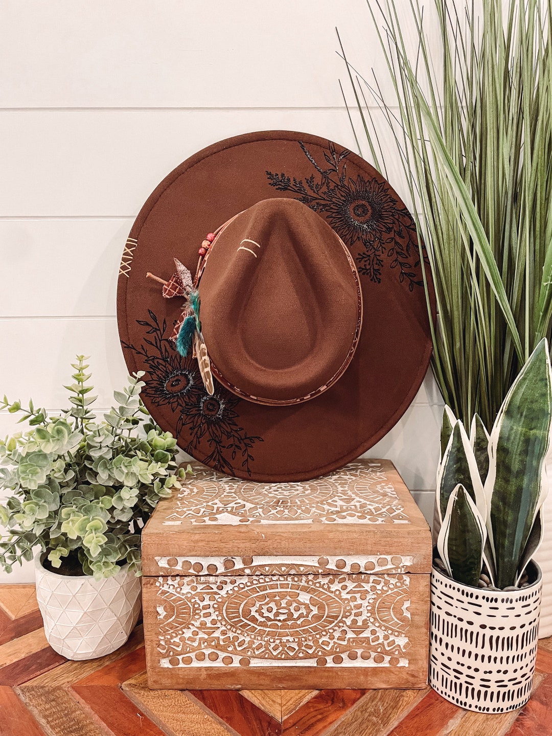 Leave Her Wild Floral Burned Hat, Floral Engraved Cowboy Hat, Sunflower ...