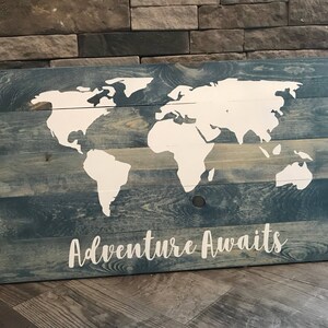 Adventure Awaits Wooden Map Sign, World Map Sign, Rustic Map Sign ...